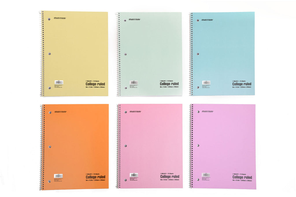 Mintra USA Spiral Notebook 6pk, College Ruled, 70 Sheets, Pastel Cover